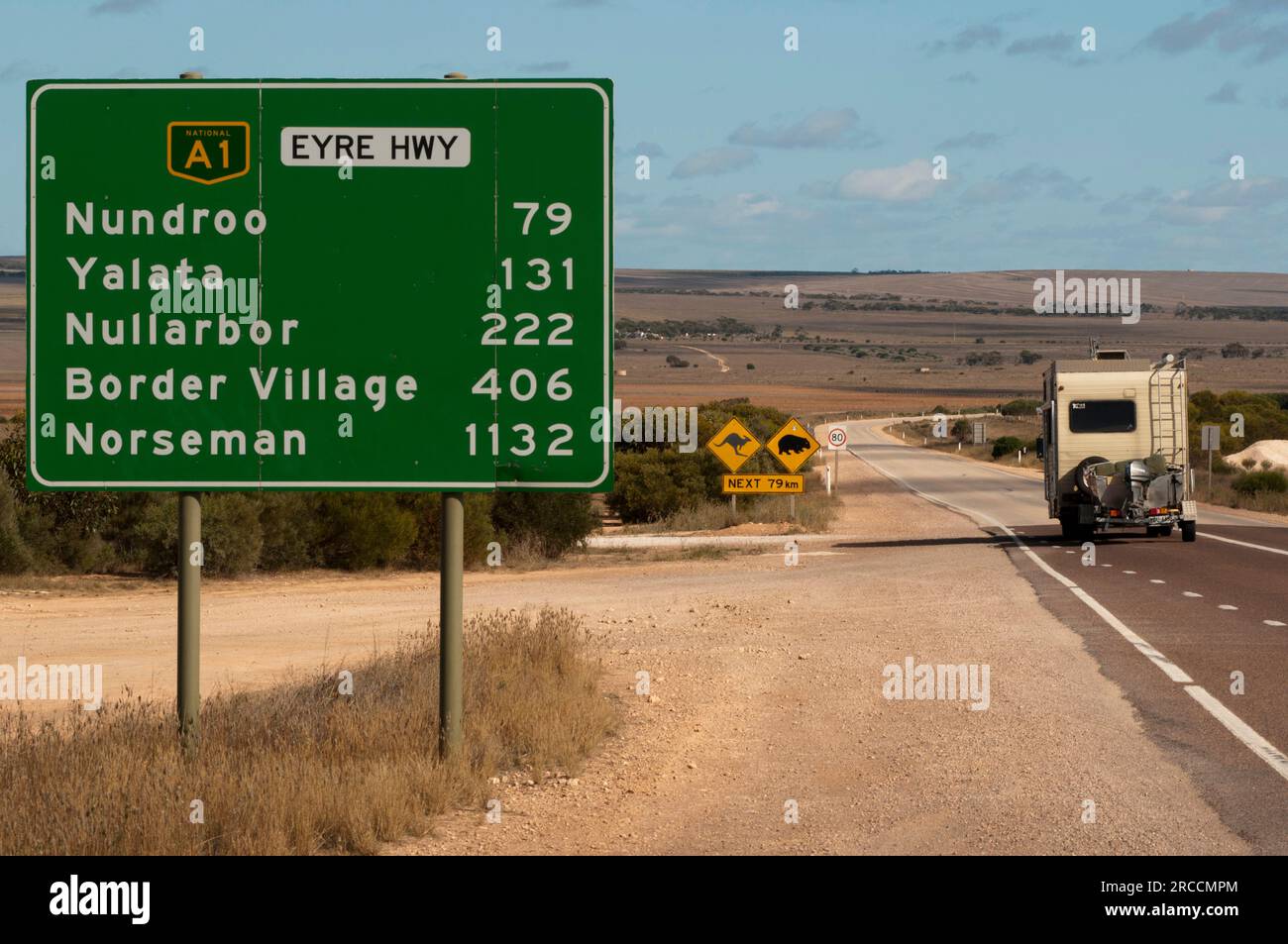 Signs showing distances at the start of the Eyre Highway A1 that ...
