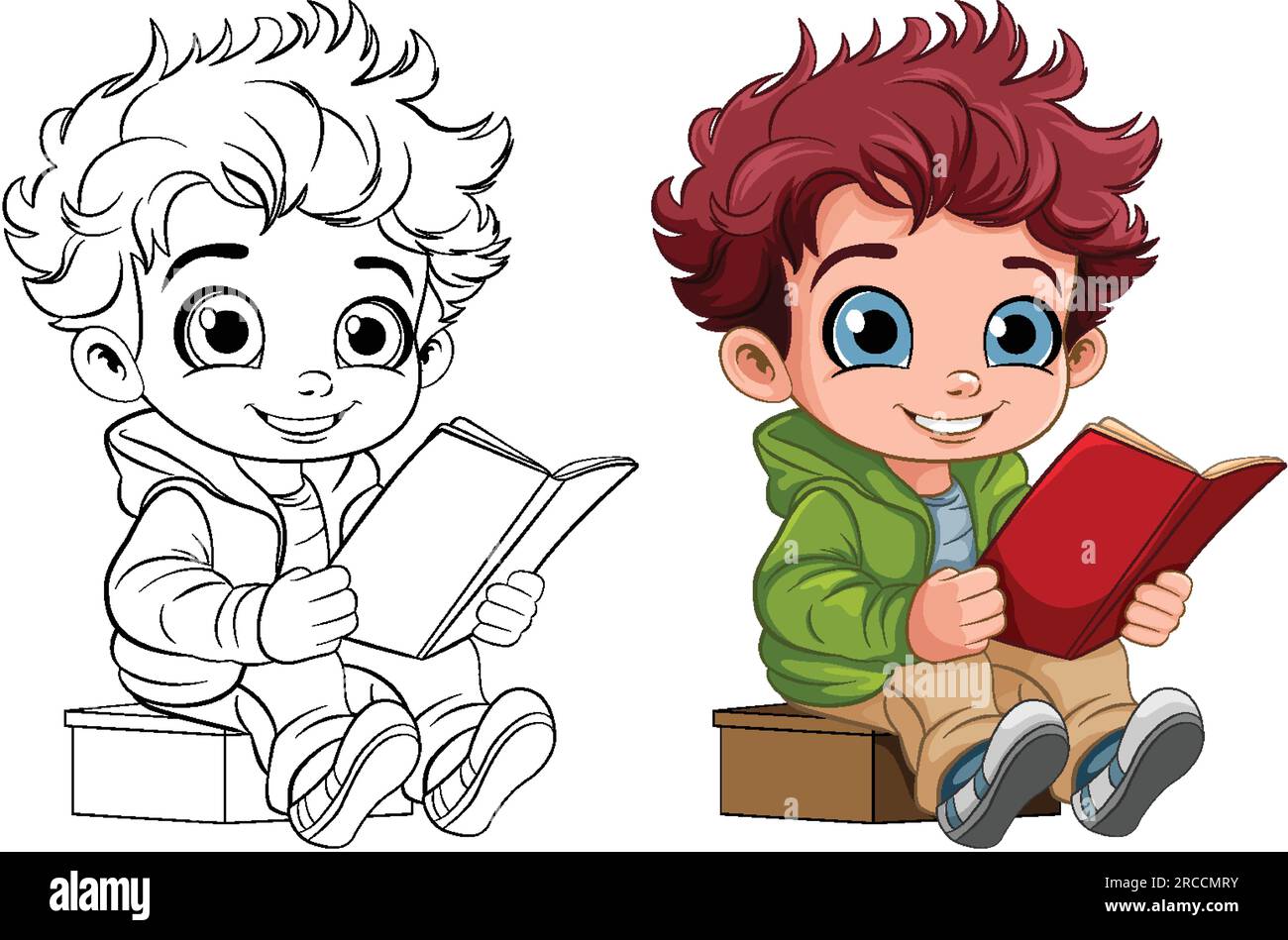 Cute Boy Reading Book Outline for Colouring illustration Stock Vector ...