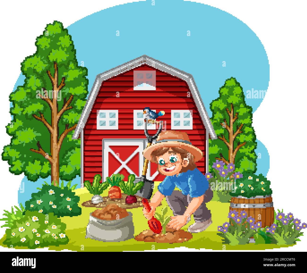 Farm scene with girl planting vegetable illustration Stock Vector Image ...