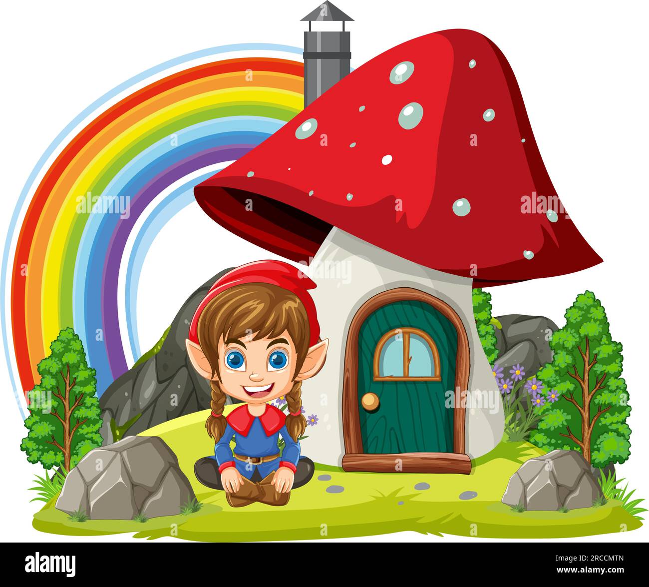 Dwarf cartoon sitting in front of the mushroom house in fantasy world ...