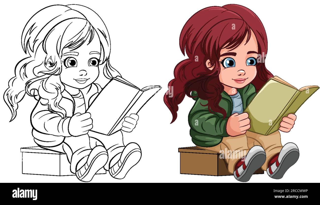 Girl cartoon reading book isolated and its doodle outline illustration ...