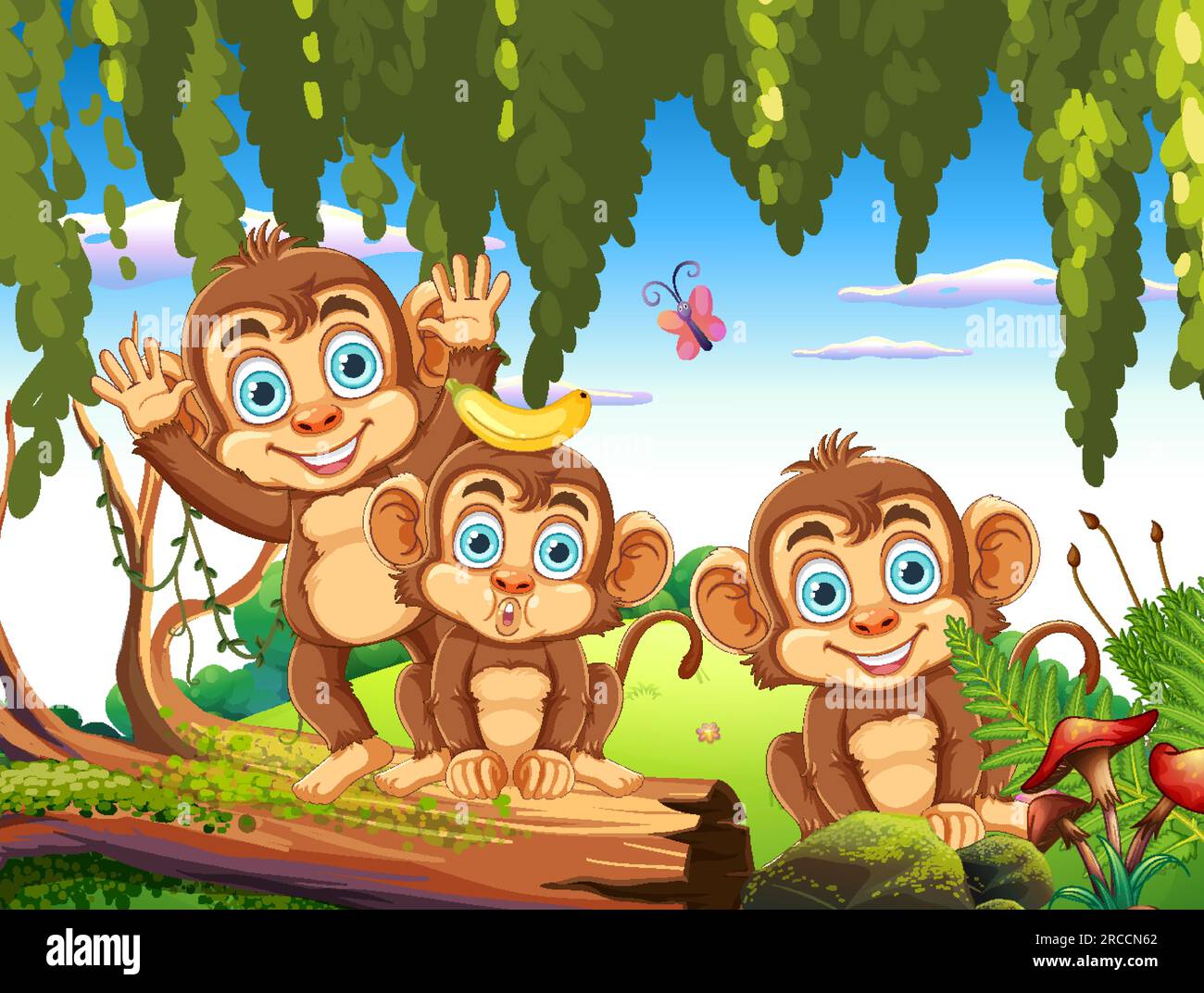 Three Monkeys in the Forest illustration Stock Vector Image & Art - Alamy