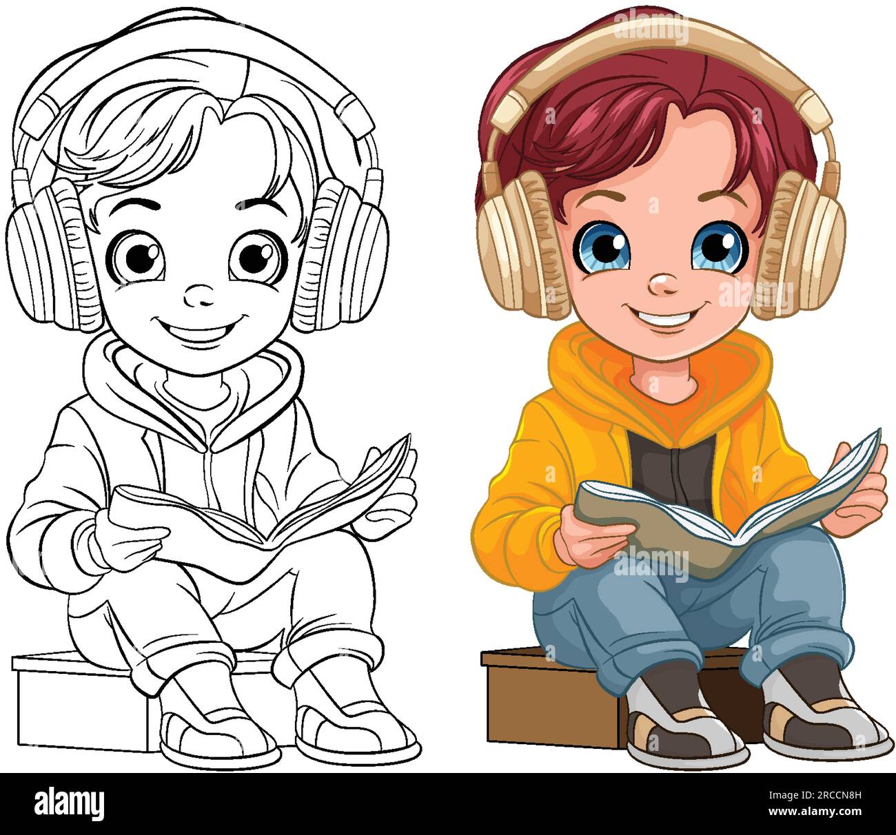 Boy reading a book and wearing headset illustration Stock Vector Image ...