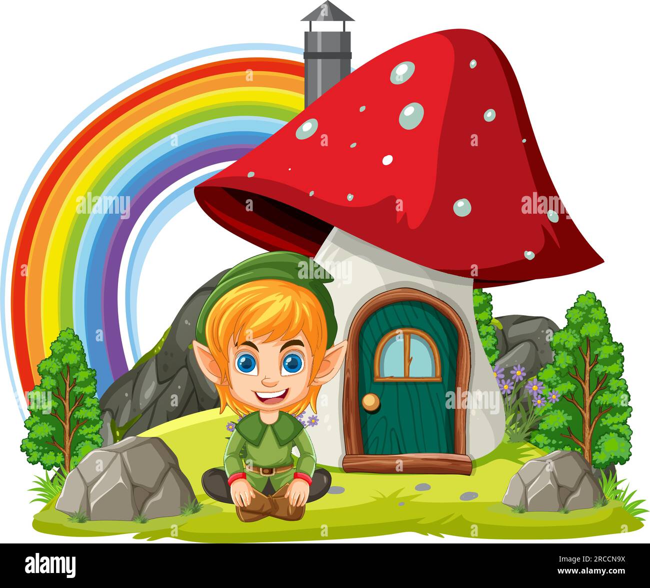 Dwarf cartoon standing in front of the mushroom house in fantasy world ...