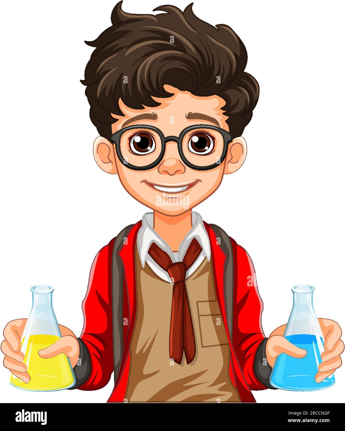 Male student cartoon holding conical flask on science class experiment ...