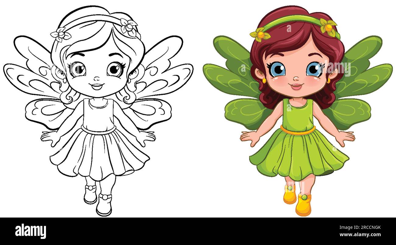 Fairy Girl in Beautiful Dress Outline for Colouring illustration Stock ...