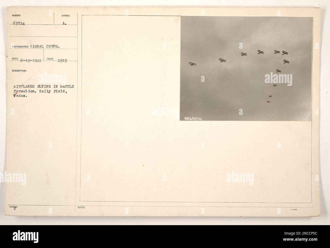 Airplanes flying overhead in battle formation over Kelly Field, Texas ...