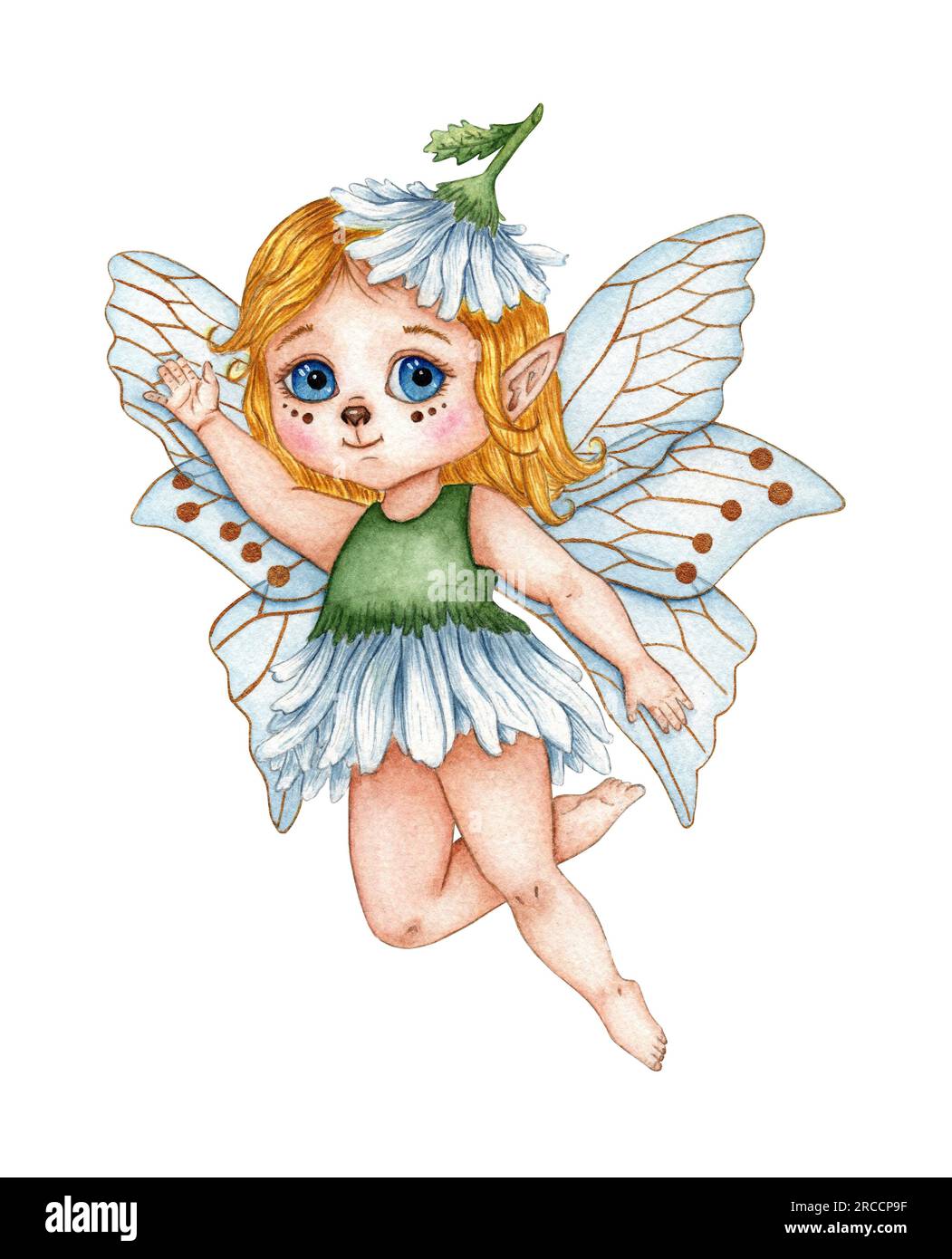 Watercolor illustration of a cute cartoon daisy fairy. Fairytale flower ...