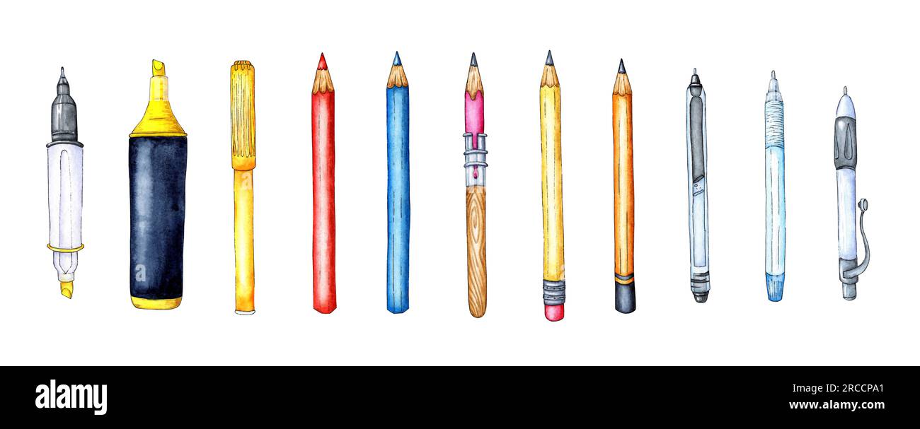 Watercolor illustration set of pencils and pens. "Back to School ...