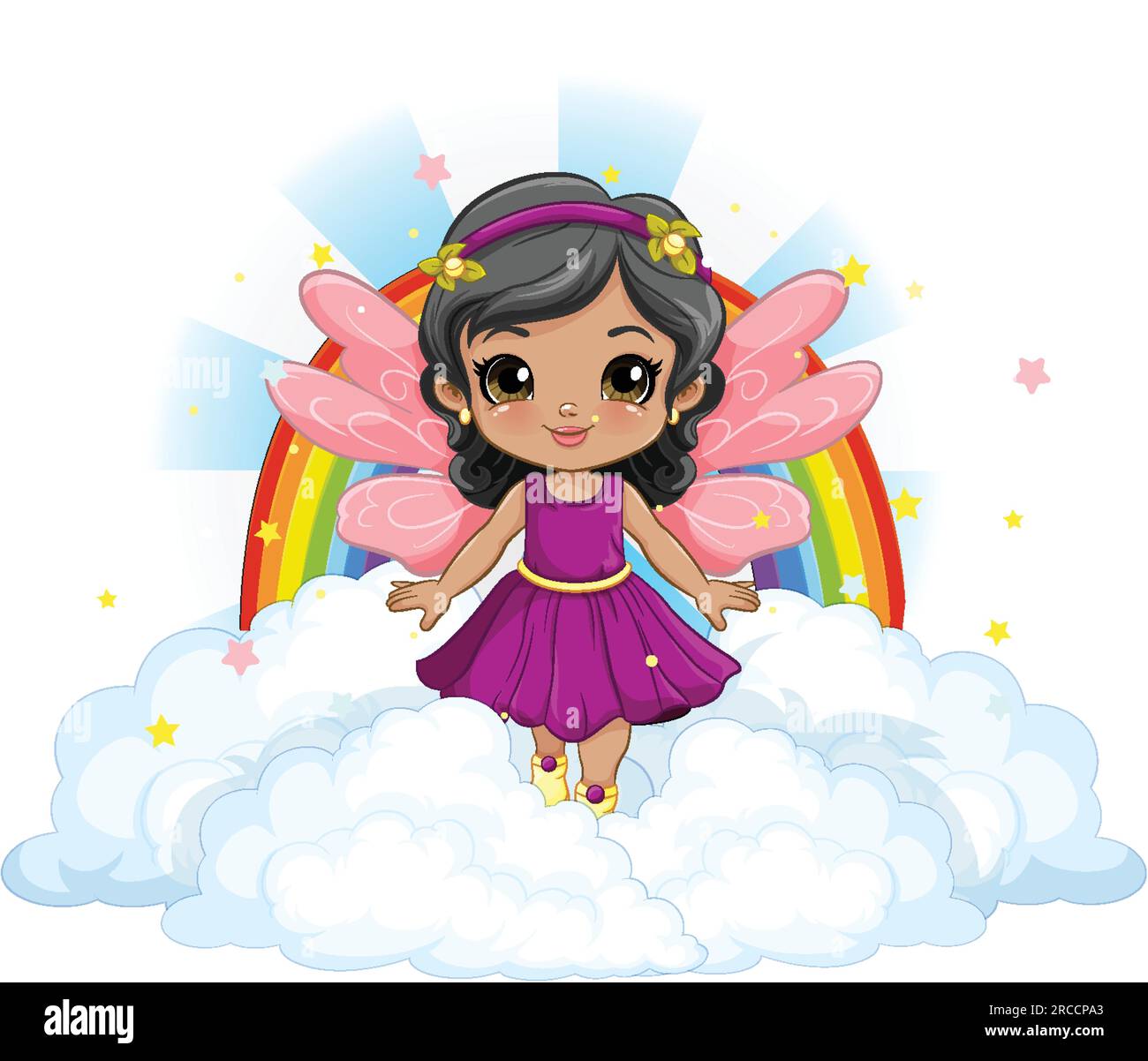 Fairy Girl Standing on Cloud with Rainbow Background illustration Stock ...