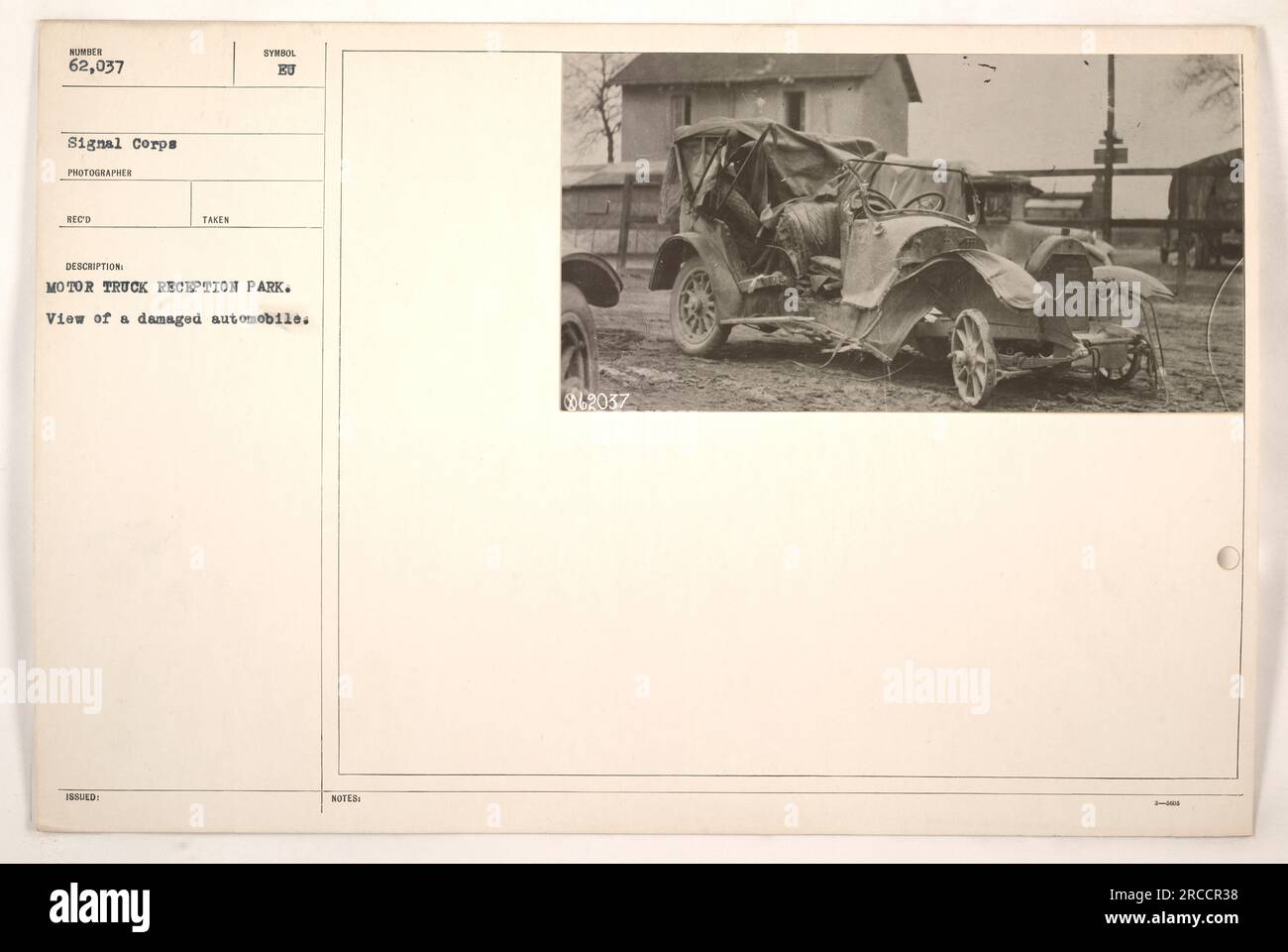 A damaged automobile seen in the Motor Truck Reception Park. The photo ...