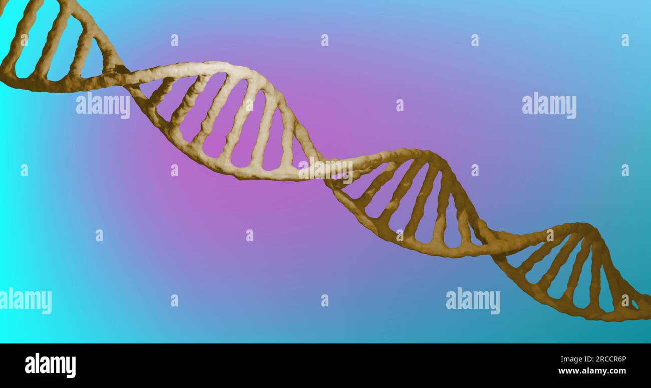 Composition of yellow dna stand over blue background Stock Photo - Alamy
