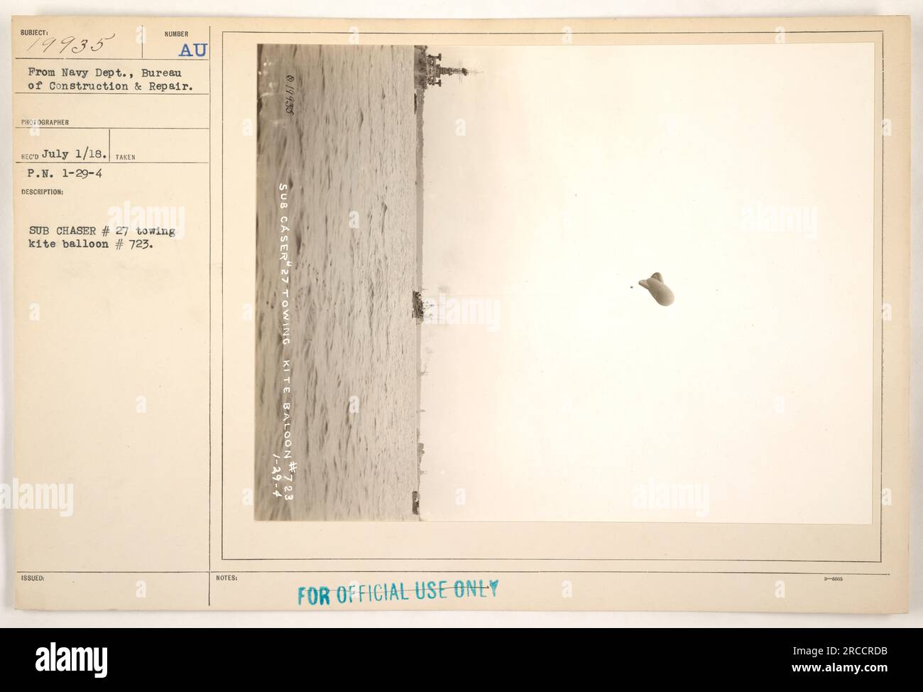 Sub Chaser #27 is seen in this photograph towing kite balloon #723 ...