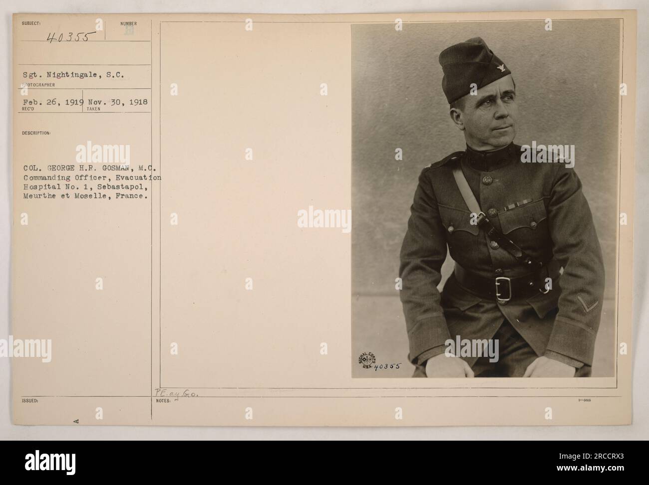 Sgt. Nightingale (S.C.) being recognized by Col. George H.R. Gosman, M ...