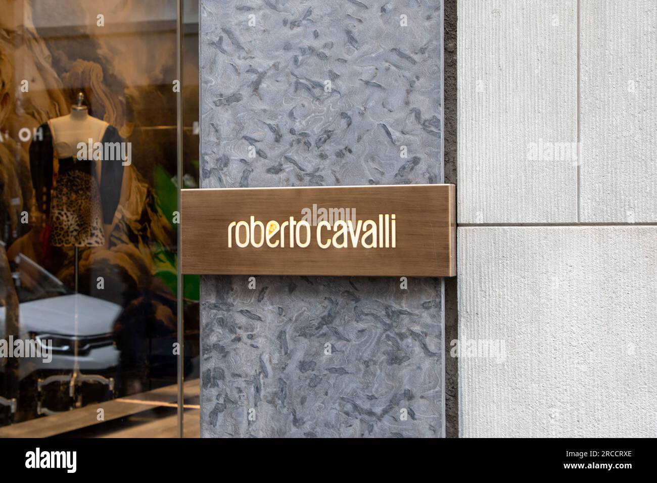 Milan , Italy - 07 05 2023 : Roberto Cavalli logo sign and brand text ...