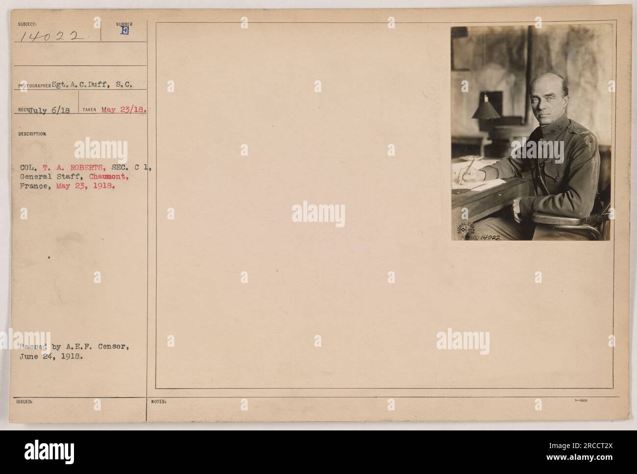 Col. T.A. Roberts, a member of the General Staff, is seen at Chaumont ...