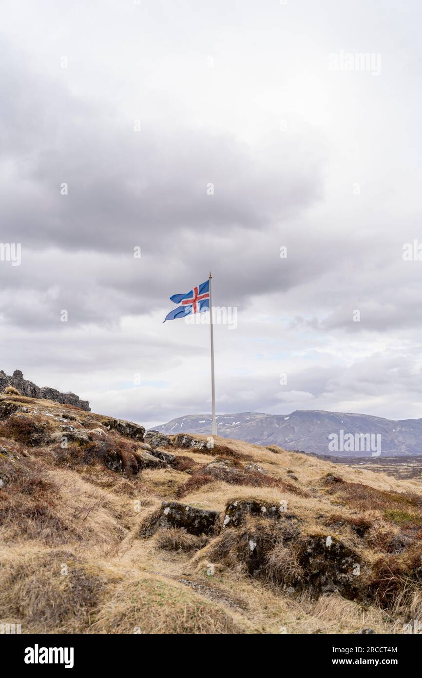 Iceland Flag in full motion by Wind during Late Spring Stock Photo - Alamy