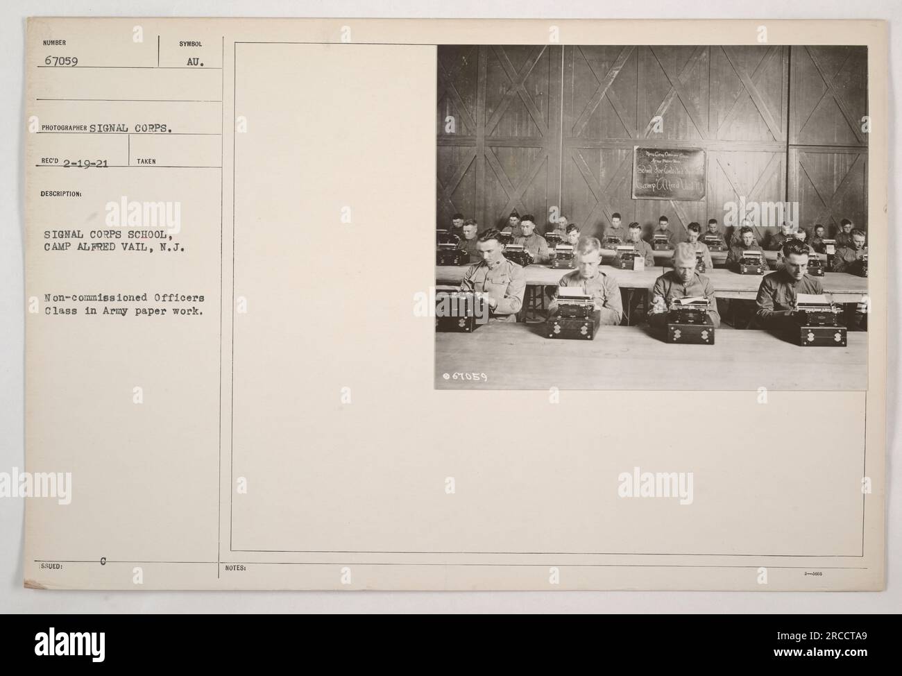 Photograph shows a non-commissioned officers class at Camp Alfred Vail ...