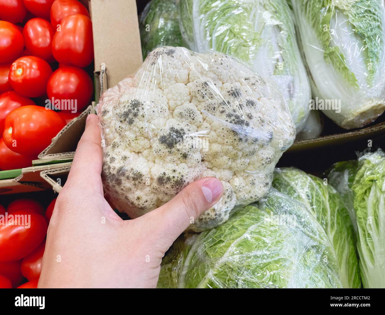 Tainted cauliflower. Black mold on bad cauliflower. Improper storage of ...