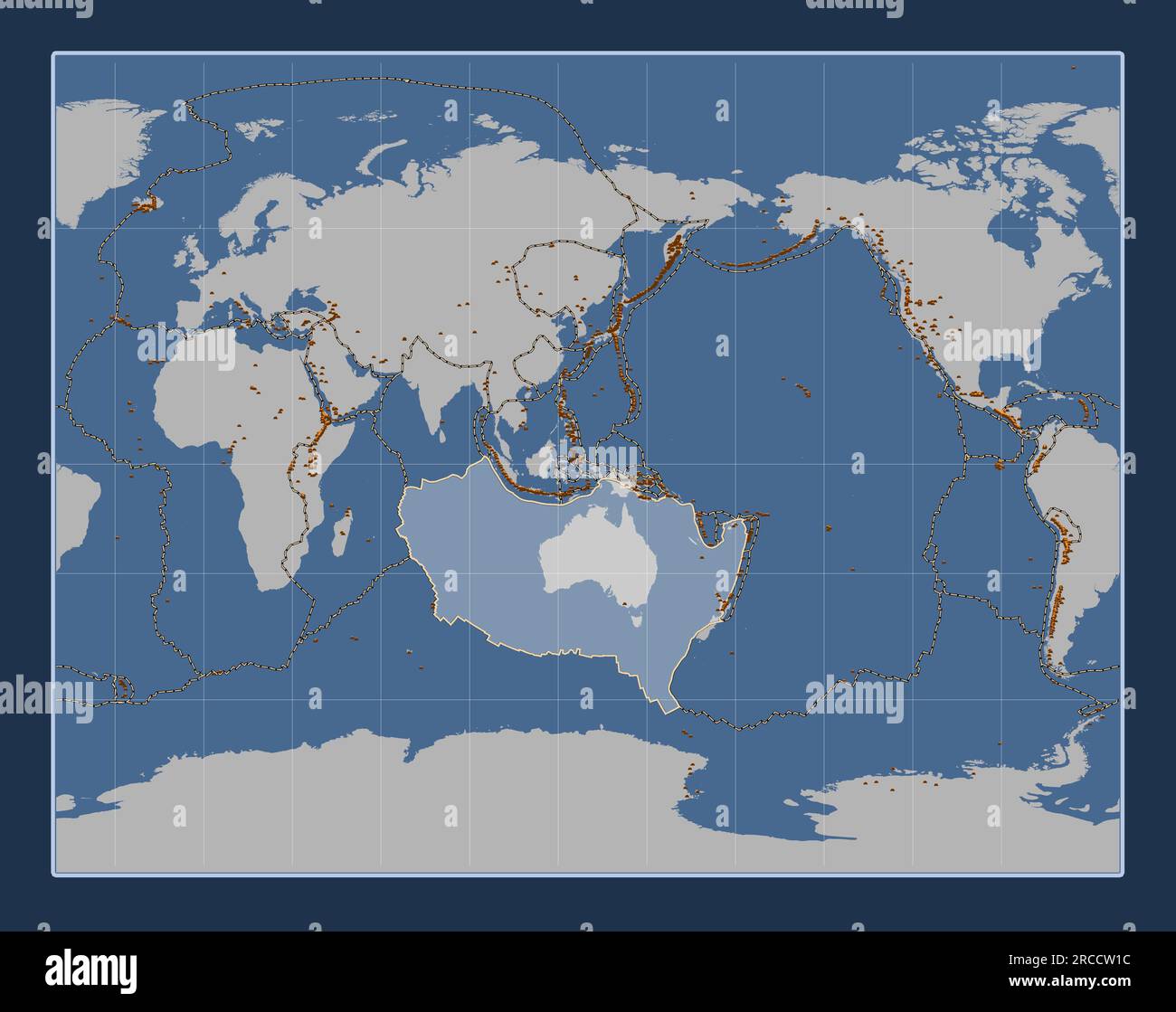 Shape of the Australian tectonic plate on the solid contour map in the ...