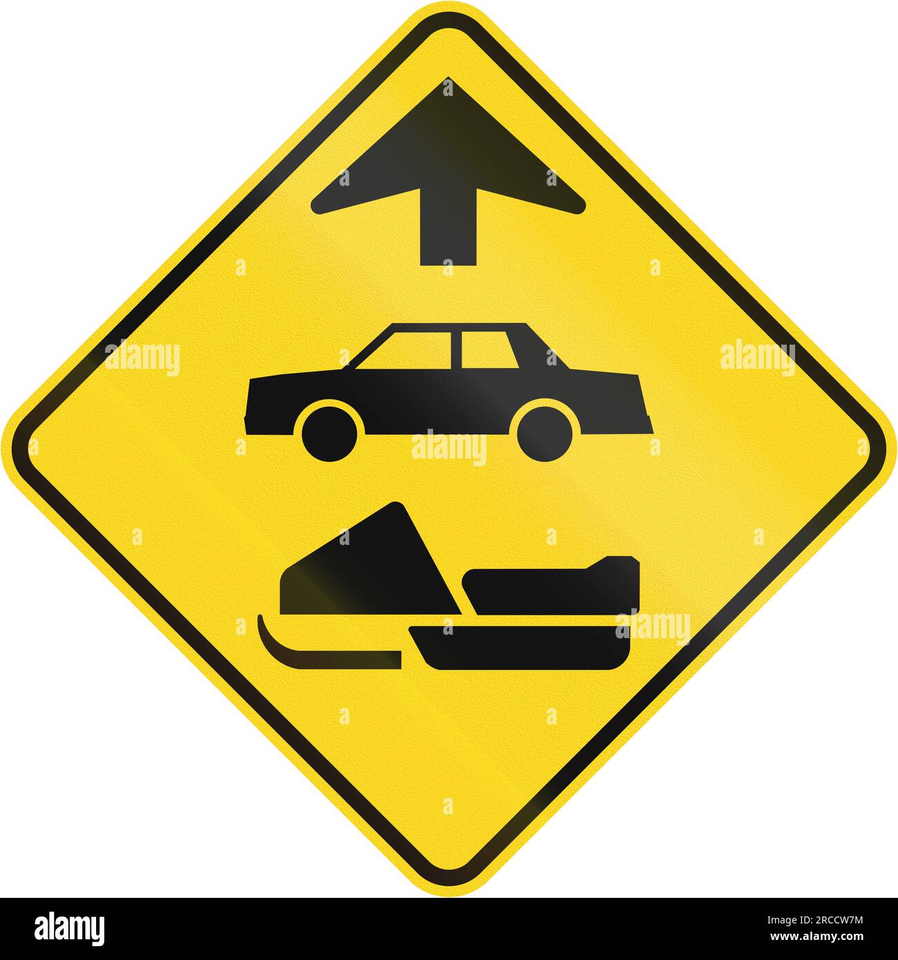 Canadian road warning sign - Snowmobiles and cars ahead. This sign is ...