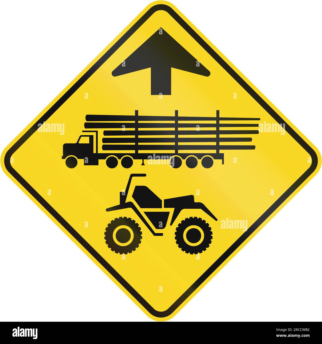 Canadian road warning sign - Lumber trucks and ATVs ahead. This sign is ...