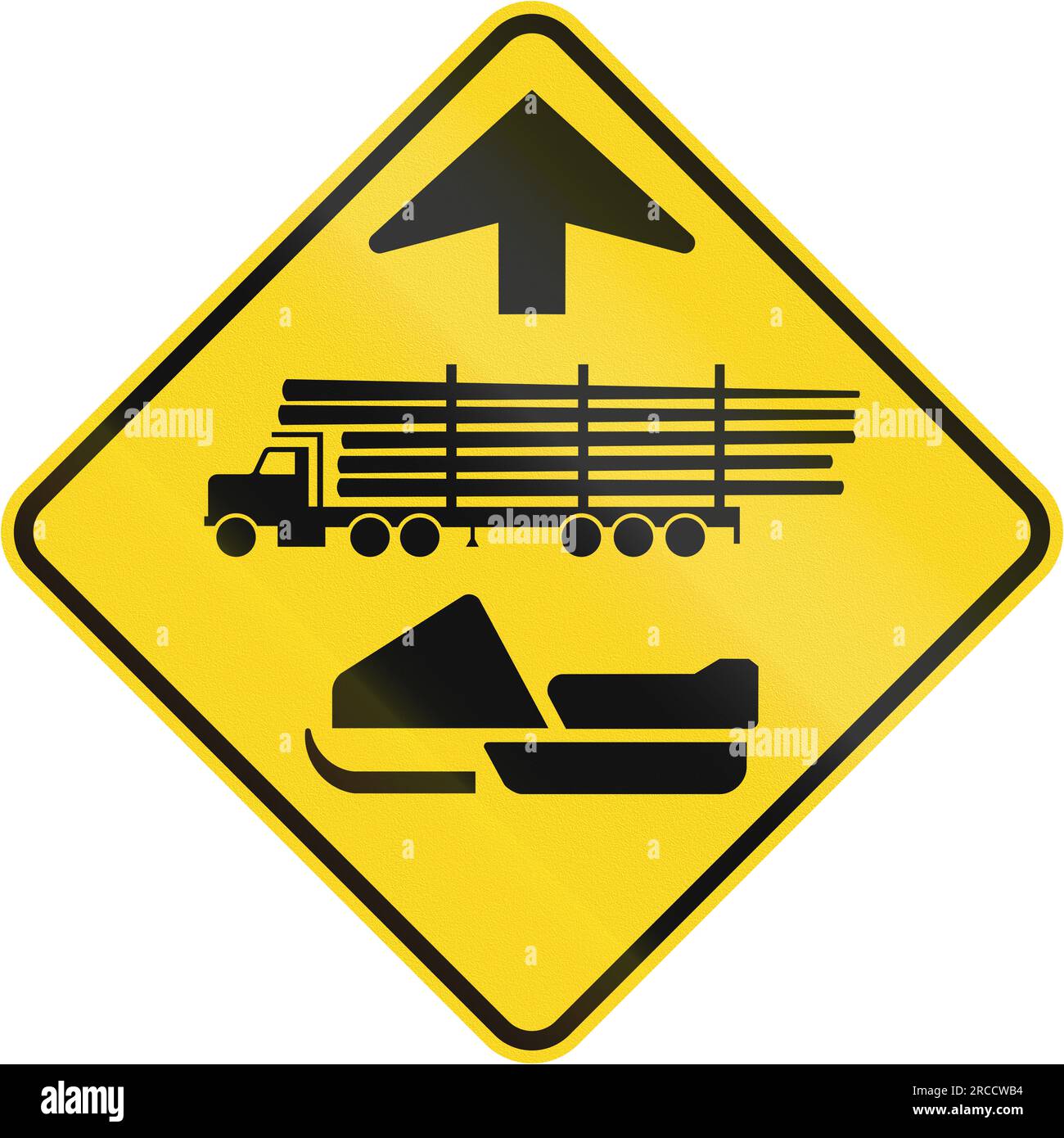 Canadian road warning sign - Lumber trucks and snowmobiles ahead. This ...