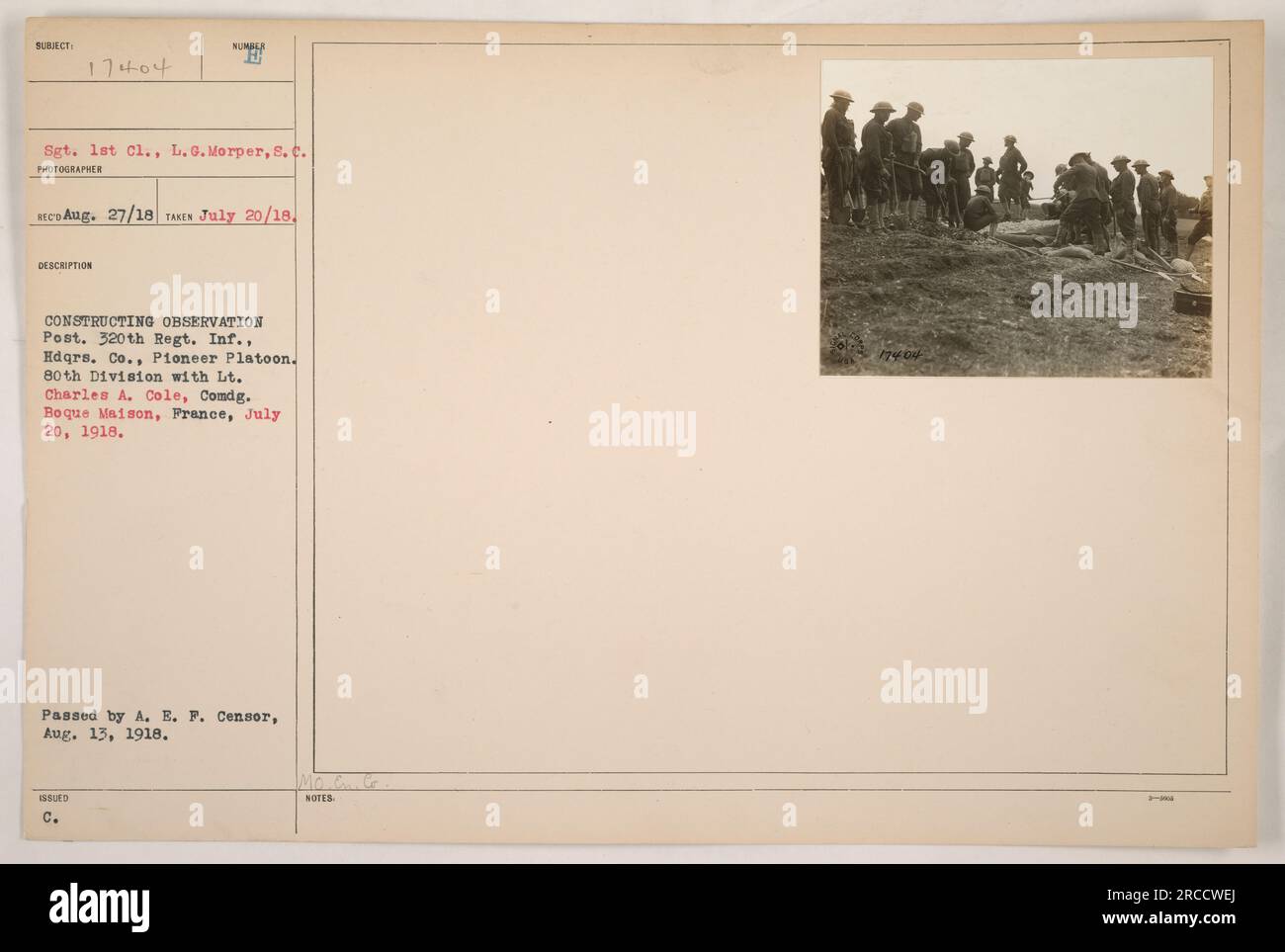 A photograph taken on July 20, 1918, shows Sgt. 1st Cl., L. G. Morper ...