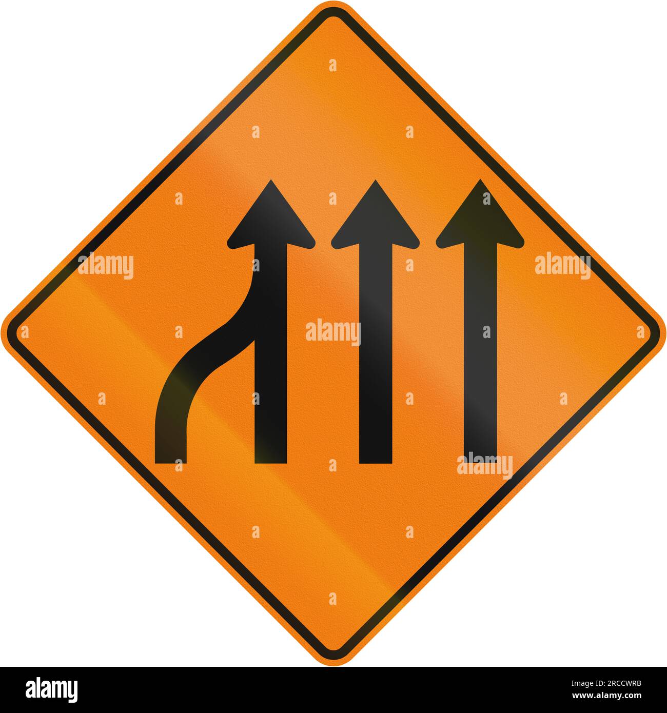 Temporary/Works road sign in Quebec, Canada - Left lane ends Stock ...