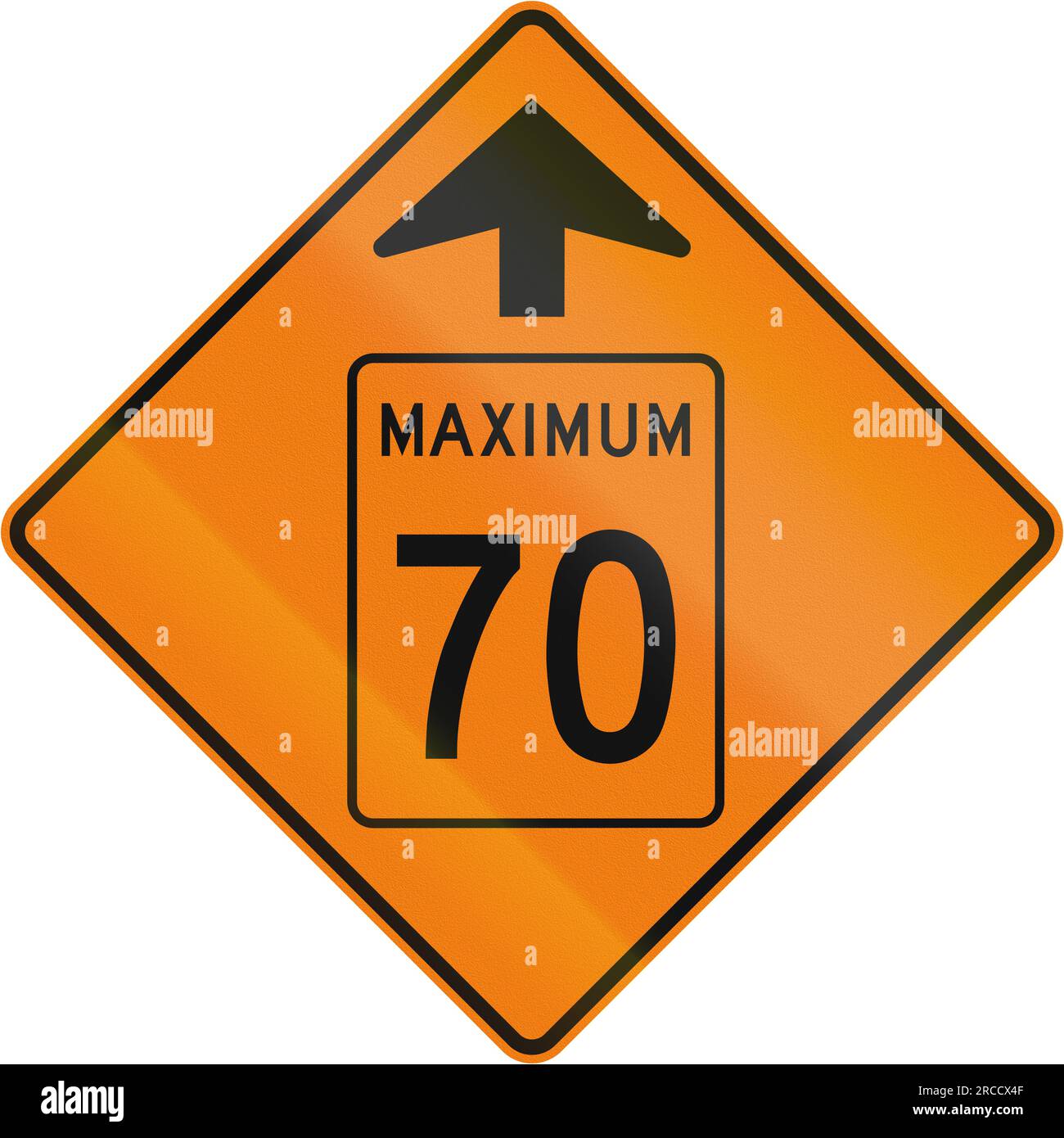 Temporary road sign in Canada - Speed limit 70 Kmh Ahead. This sign is ...