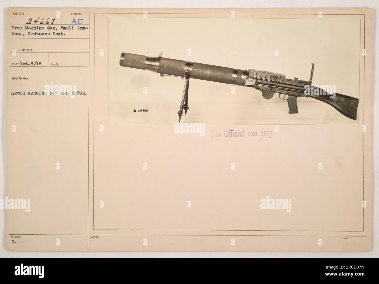 A soldier operates a Lewis machine gun with bipod during World War One ...