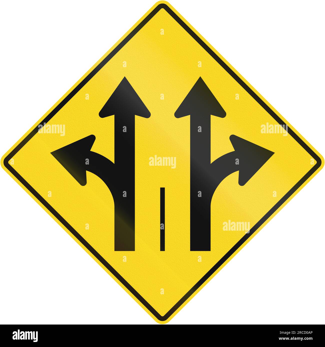 Warning road sign in Quebec, Canada - Two lanes with straight and turn ...