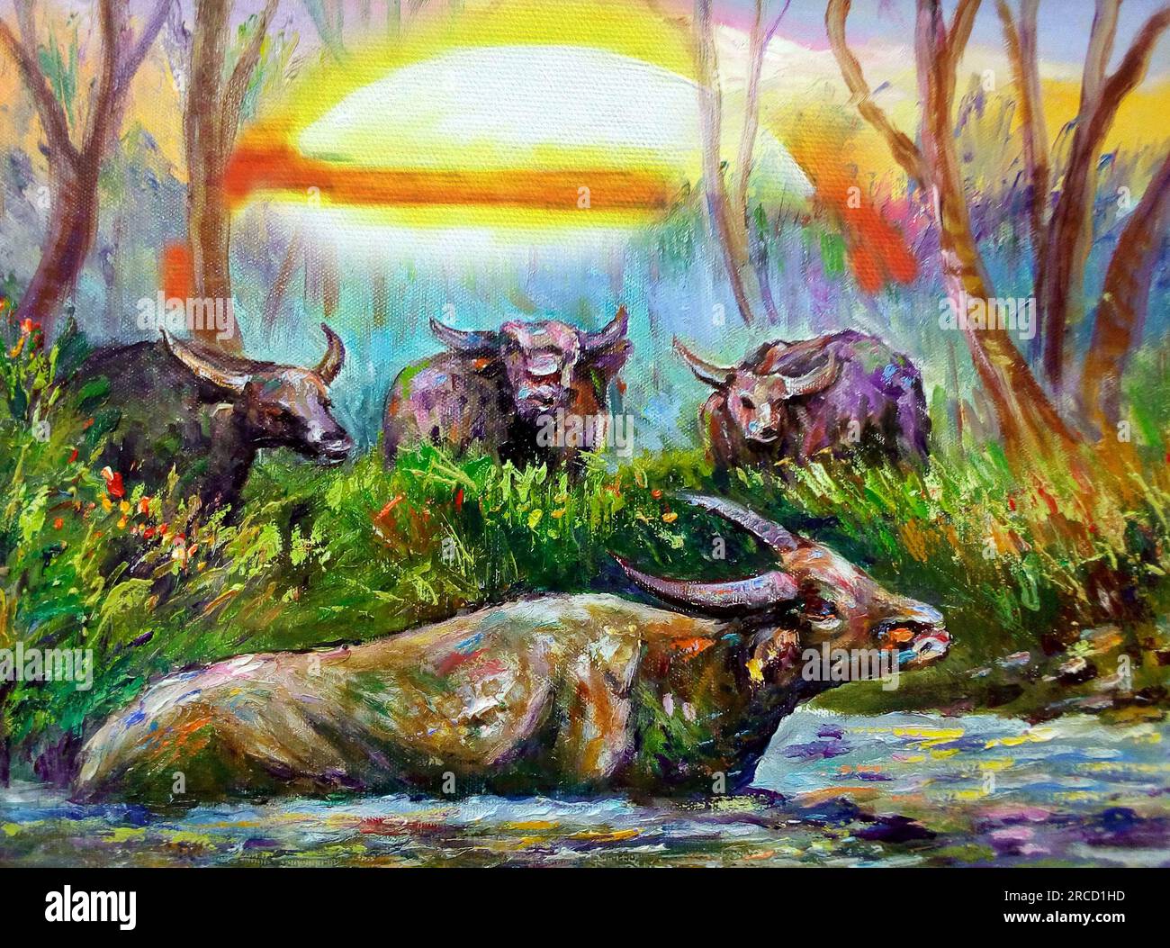 Art painting Oil color buffalo family thailand , organic farming Stock ...