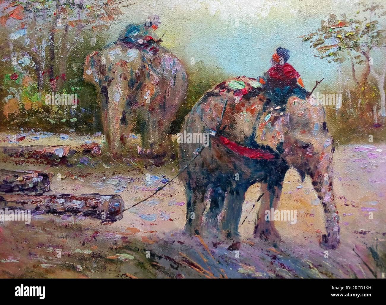 oil painting elephant hauling logs thailand Stock Photo - Alamy