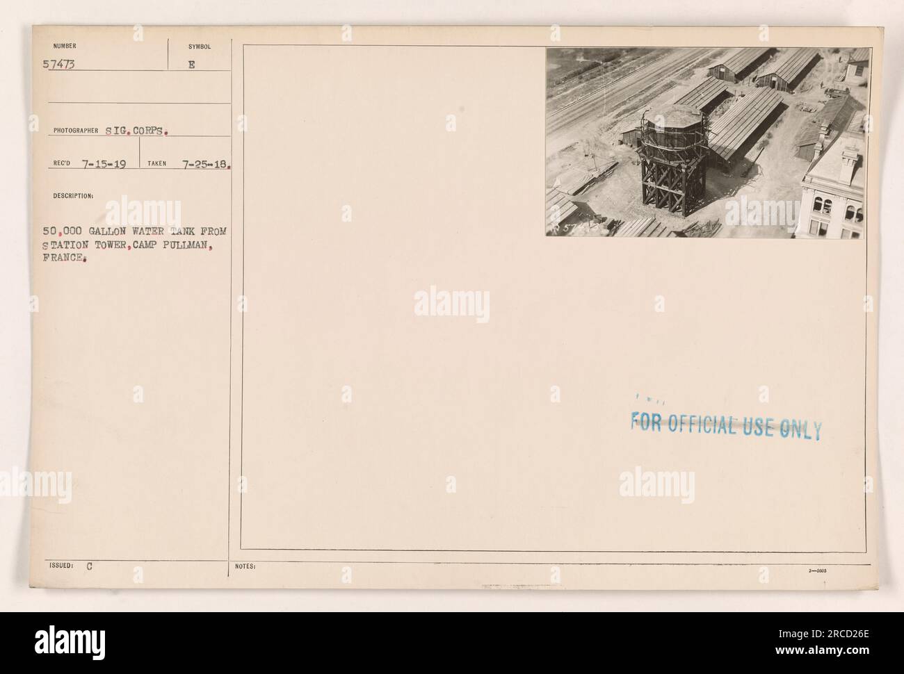 50,000 gallon water tank from a station tower at Camp Pullman, France ...