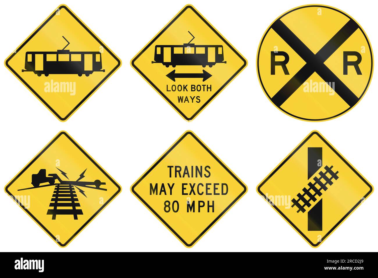 Collection of railway warning signs used in the USA Stock Photo - Alamy