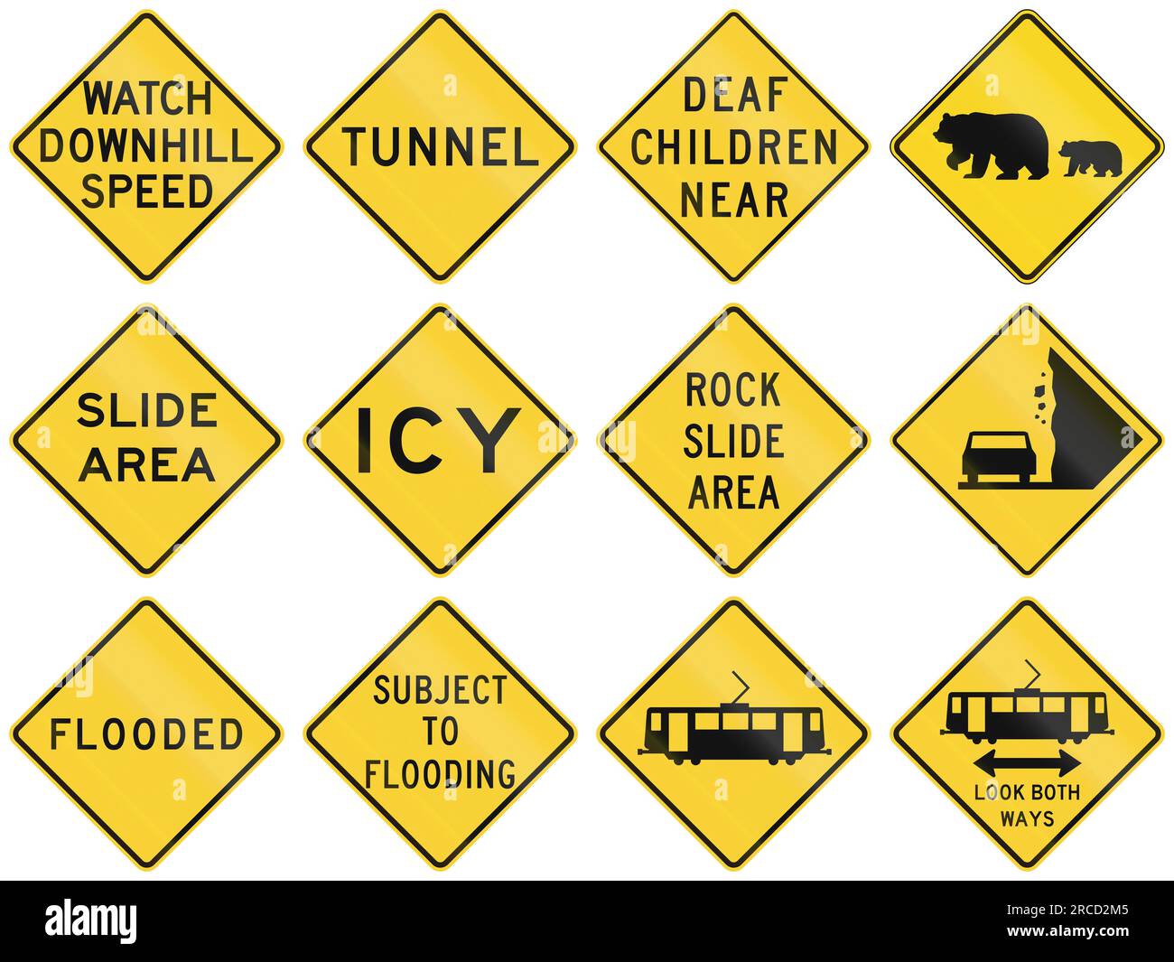 Collection of warning signs used in the USA Stock Photo - Alamy
