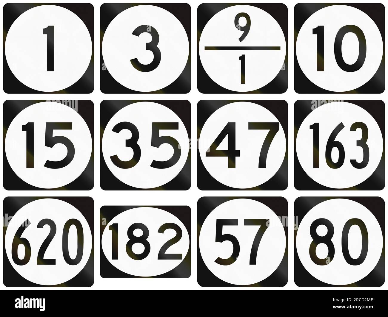 Collection of standard circular numbered road signs used in the USA ...