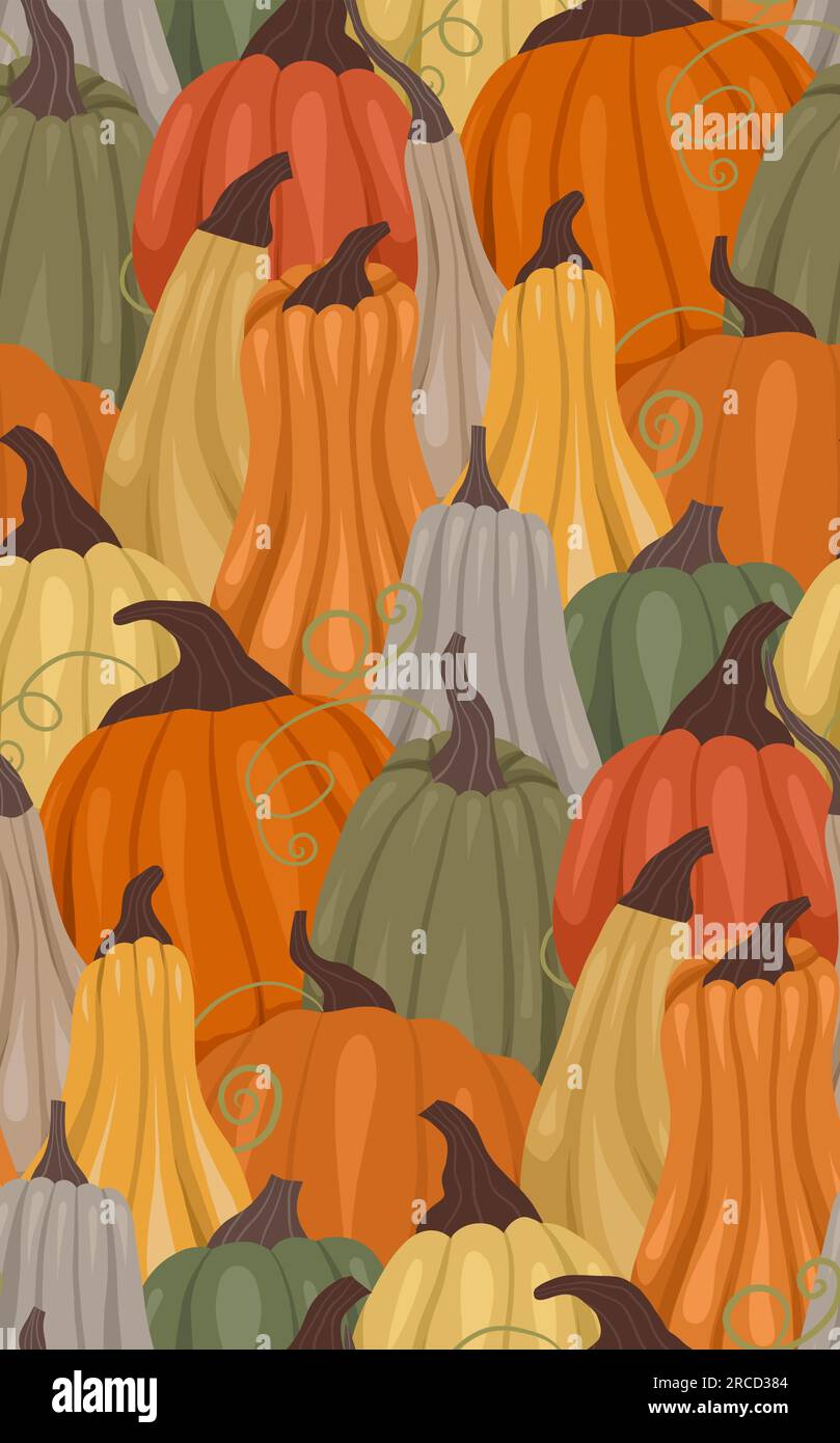 Autumn dense seamless pattern with pumpkins. Vector texture with ...