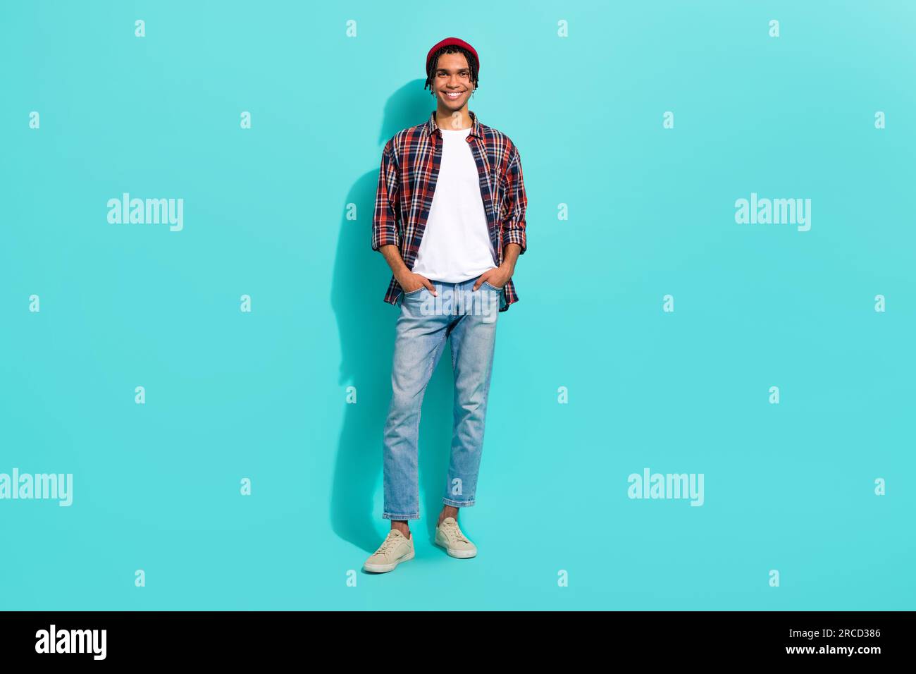 Full length photo of positive satisfied young person put hands pockets ...