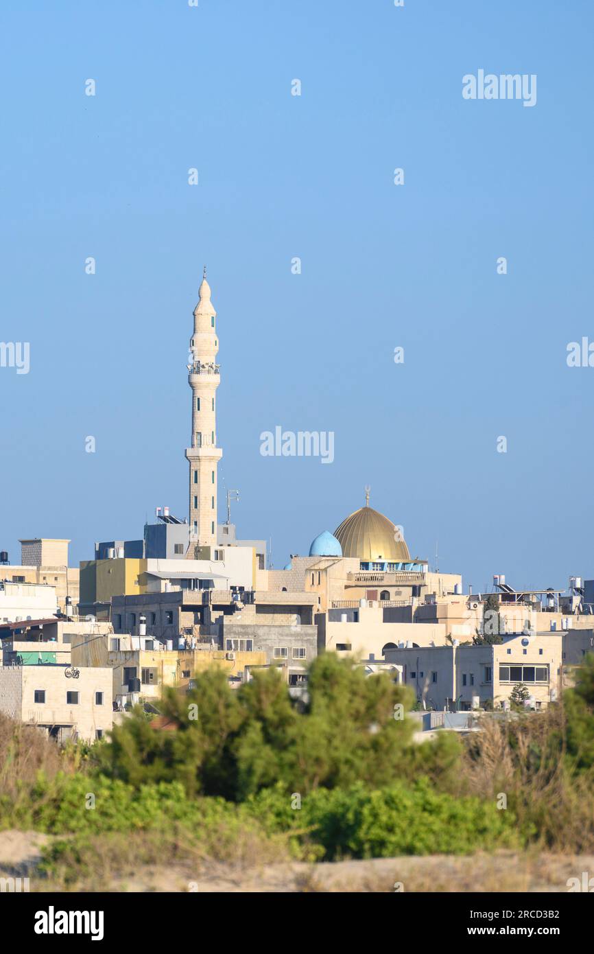 Israel, Northern Coastal Plains, Jisr Az Zarqa. View of the town from west. The central masque ...