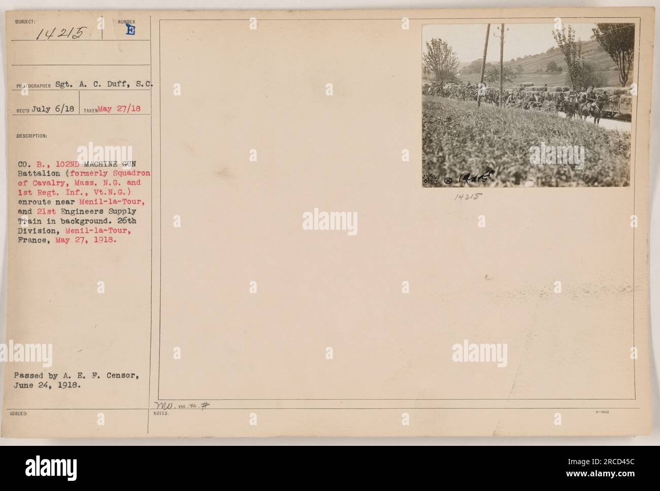 Sgt. A. C. Duff took this photograph on May 27, 1918, near Menil-la ...