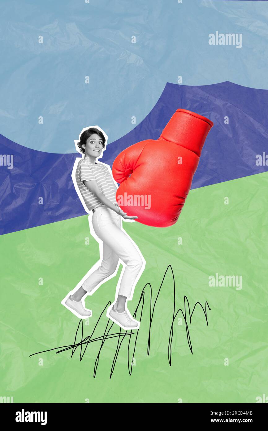 Vertical collage picture of mini black white gamma girl arms hold huge ...