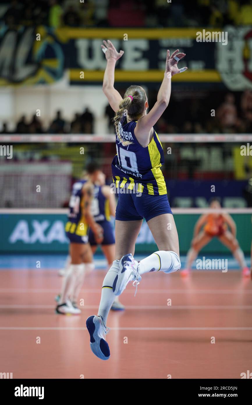 ISTANBUL, TURKIYE - MARCH 11, 2023: Arina Fedorovtseva serves during ...