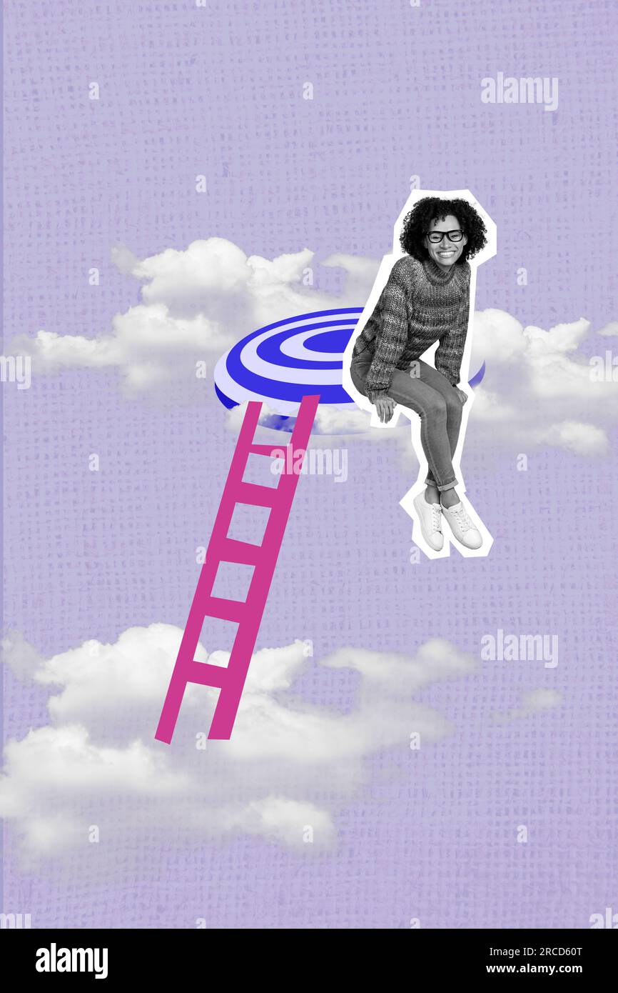 Vertical collage picture of black white colors girl climb ladder sit ...