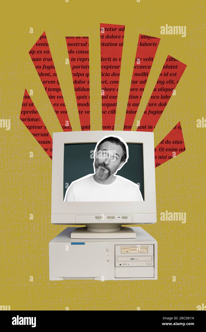 Vertical collage image of black white gamma minded man inside pc ...