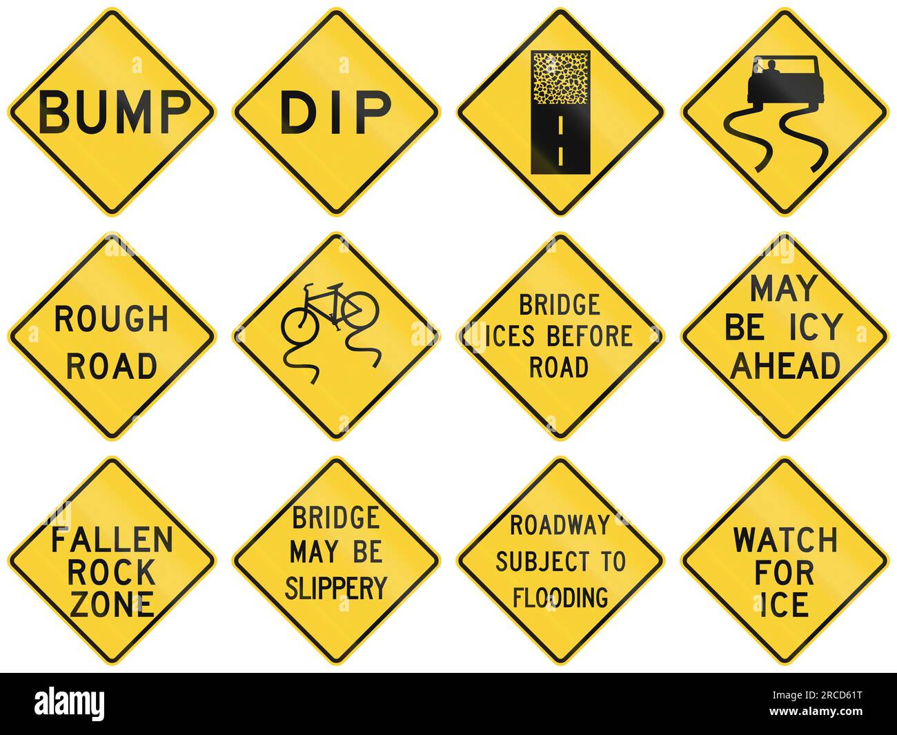 Collection of road condition warning signs used in the USA Stock Photo ...