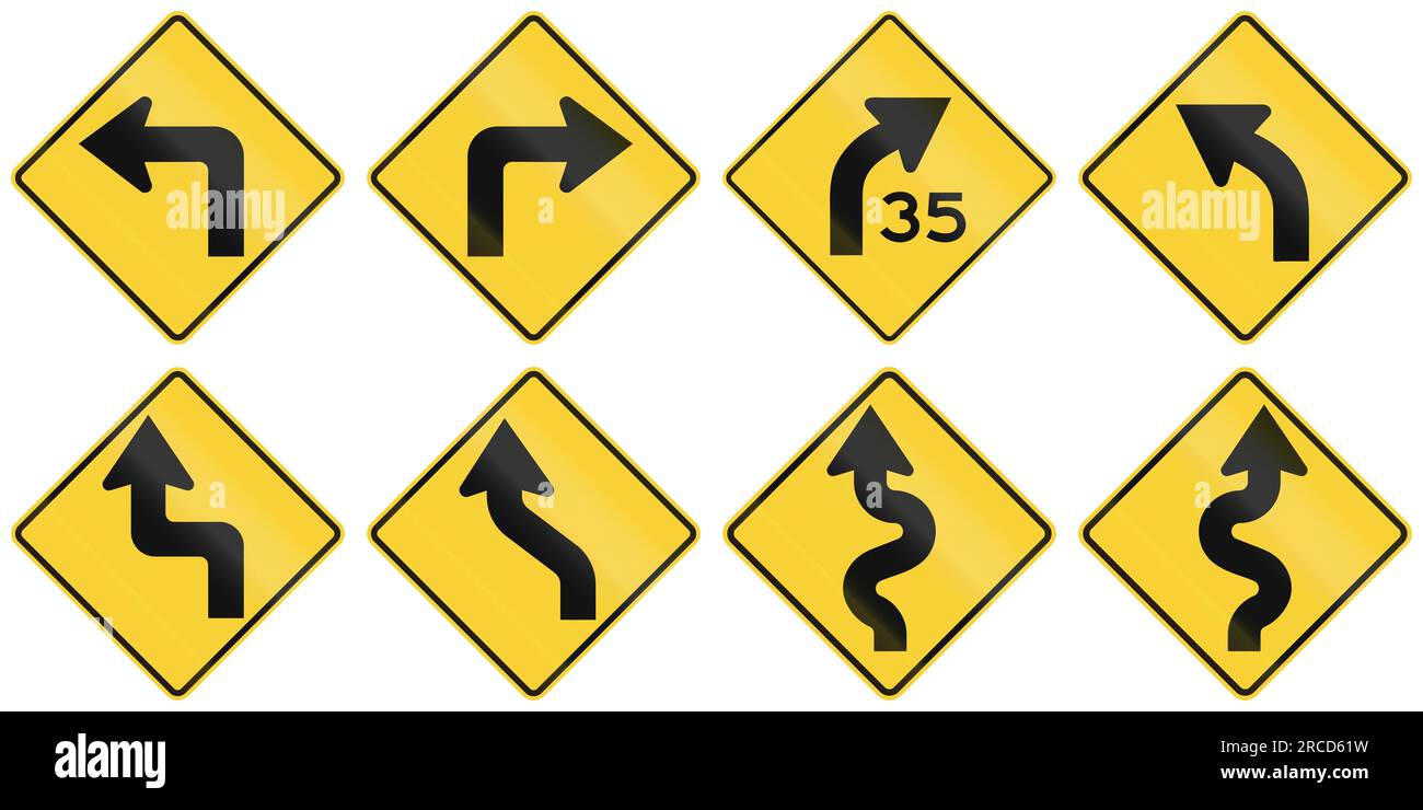 Collection of curve warning signs used in the USA Stock Photo - Alamy