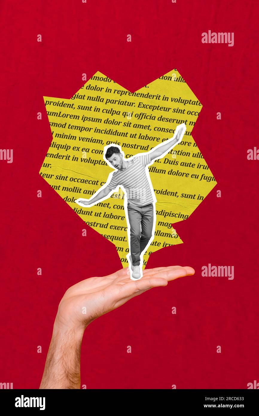 Vertical collage image of arm palm hold mini black white gamma guy ...