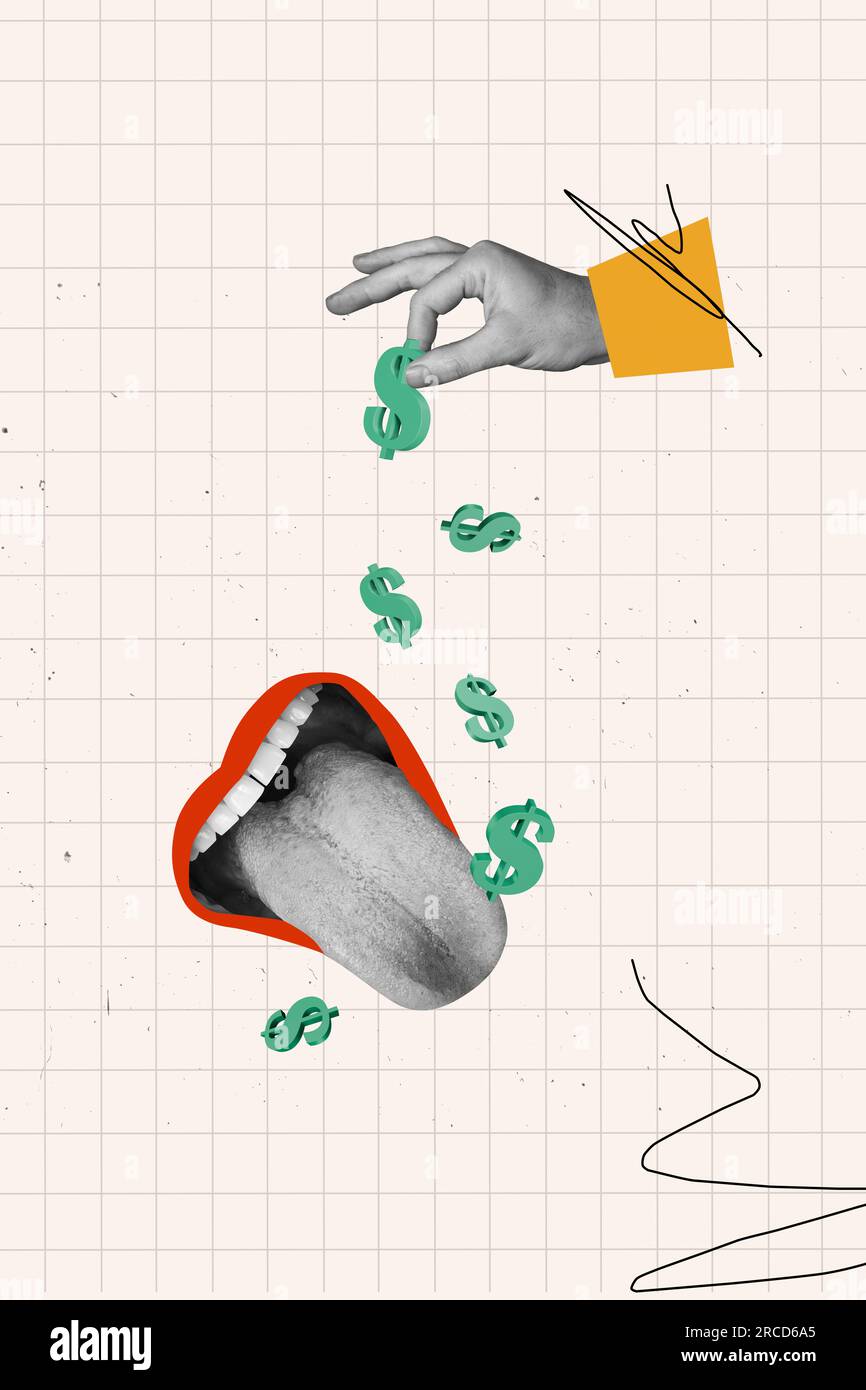 Vertical collage image of black white effect big mouth eat tongue catch ...